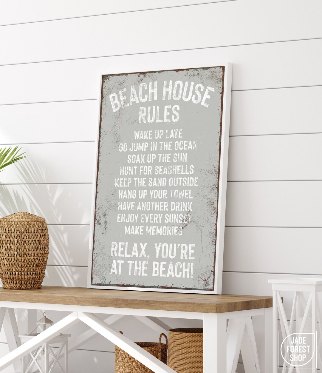 Retro BEACH HOUSE RULES Sign, Stone Gray Sign Art Print, Rustic ...