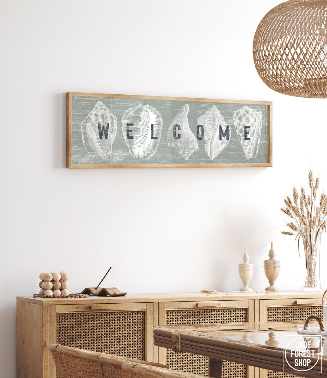Sage Green Welcome Sign With White Seashells Design, Realistic Vintage ...