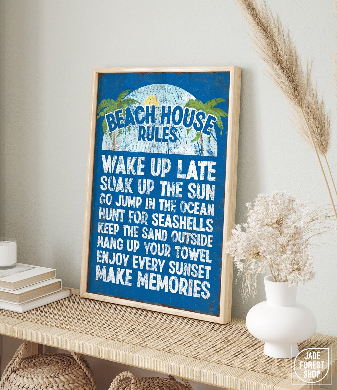 BEACH HOUSE RULES Sign in Ocean Blue, Vintage Beach Poster With Palm ...