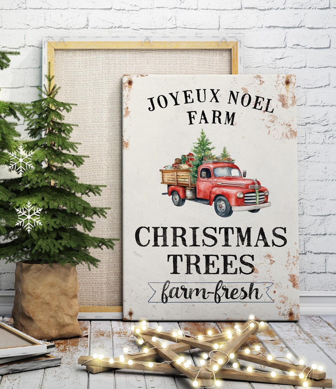 Joyeux Noel Canvas Sign, Vintage Red Truck, Rustic Christmas Decor ...