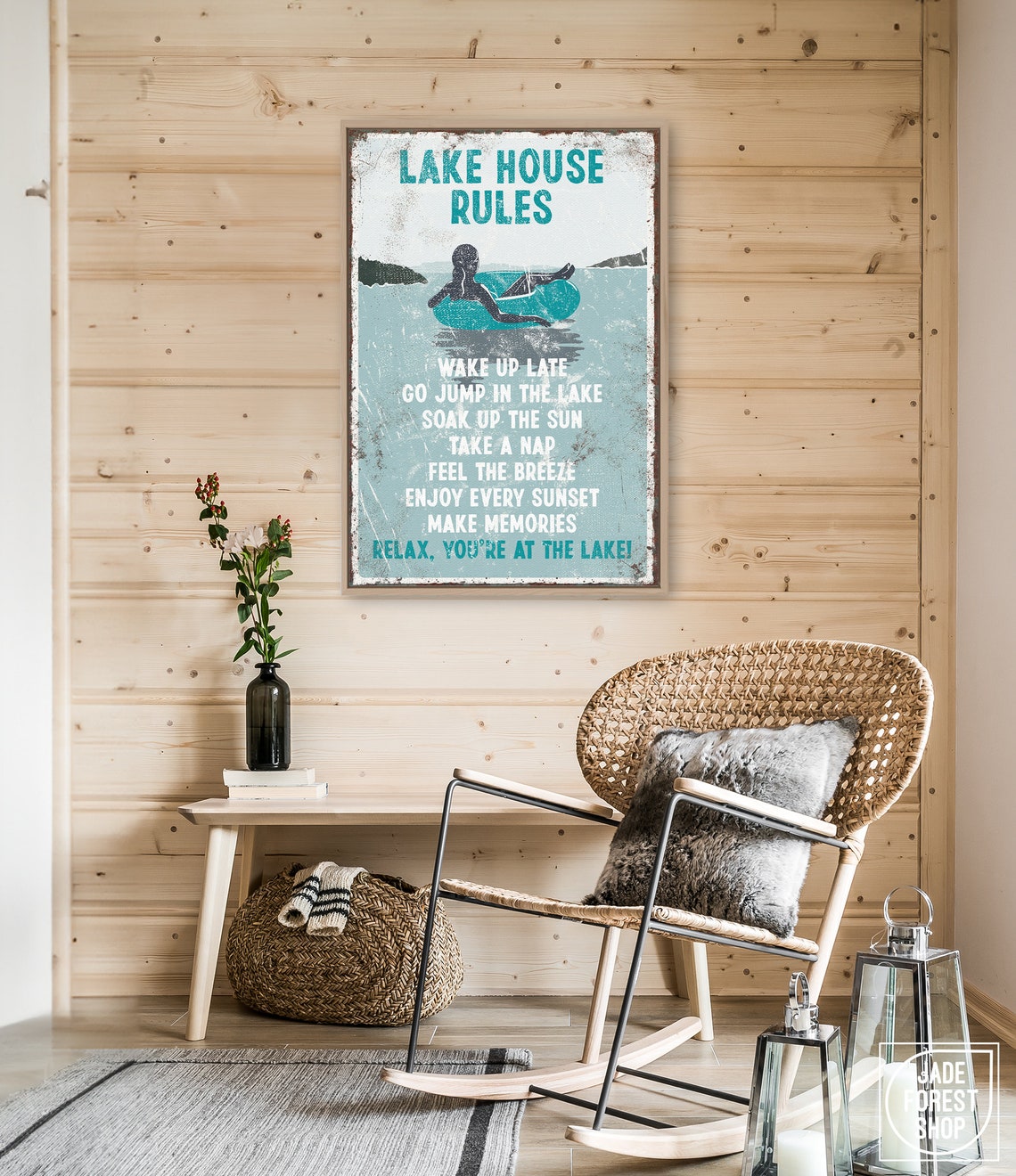 Vintage LAKE HOUSE RULES Sign in Teal With Woman Tubing, Large Lake ...