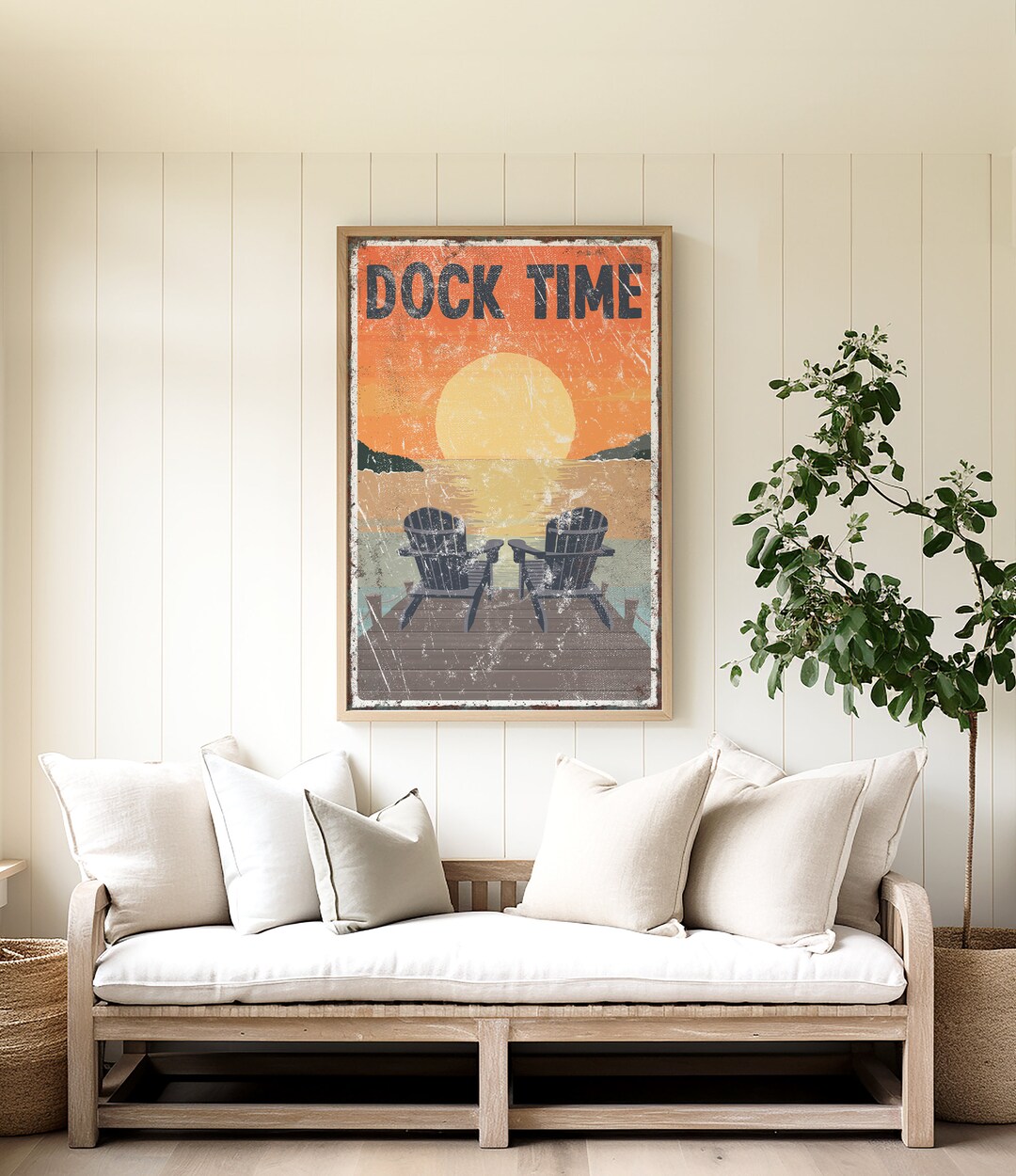 Sunset DOCK TIME Poster With Adirondack Chairs on the Dock, Vintage ...