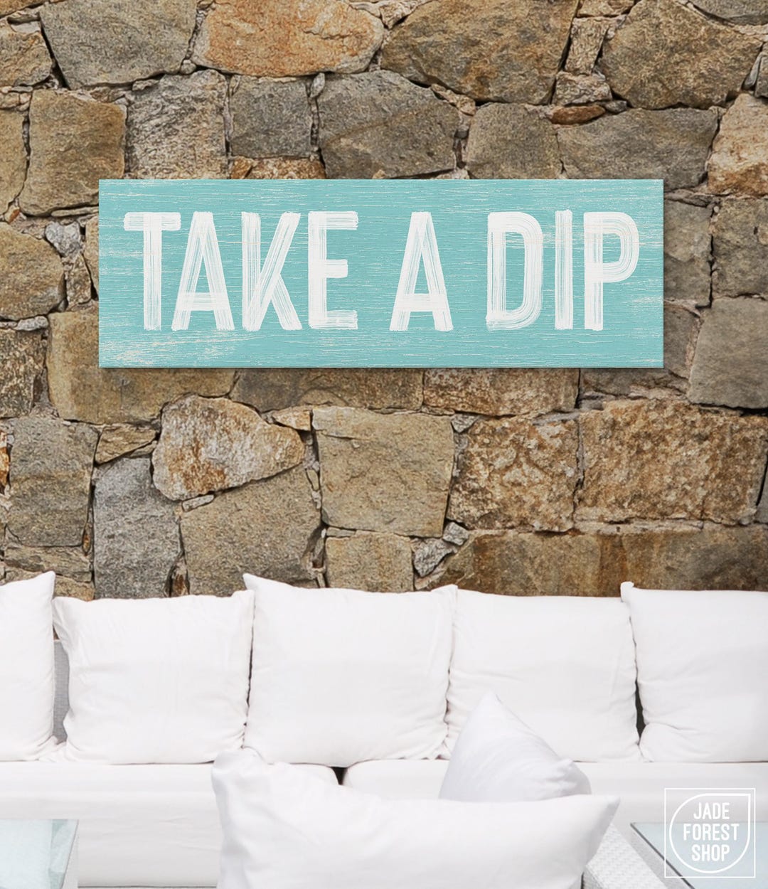 Vintage Aqua Blue Take A Dip Pool Sign, Faux Distressed Wood, White ...