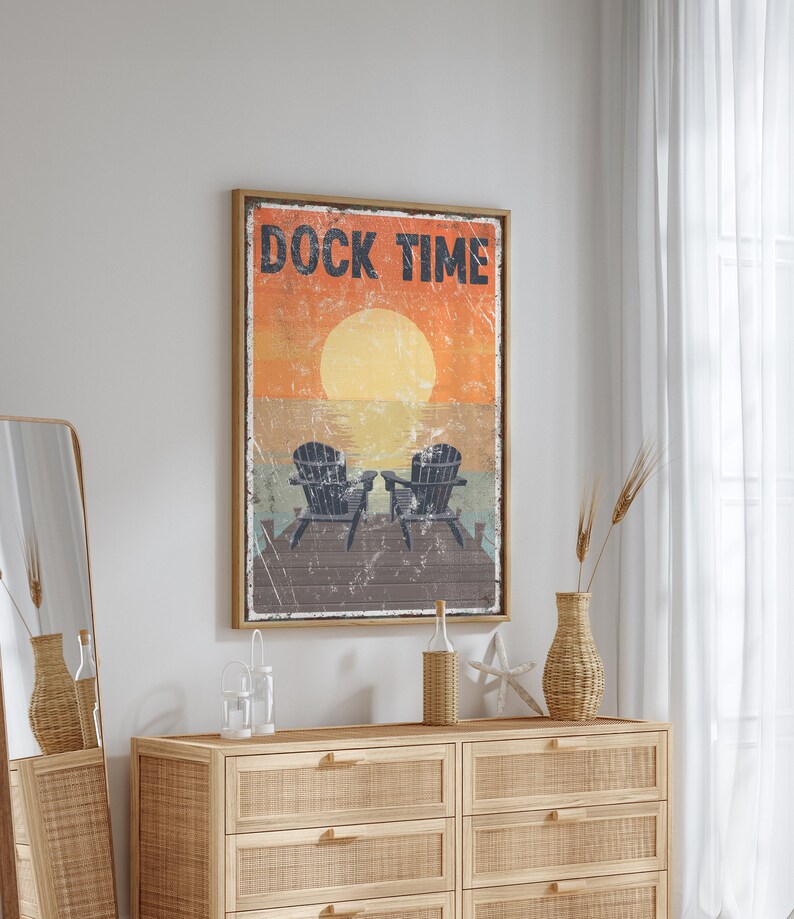 DOCK TIME Sign, Adirondack Chairs on the Dock, Vintage Beach House ...