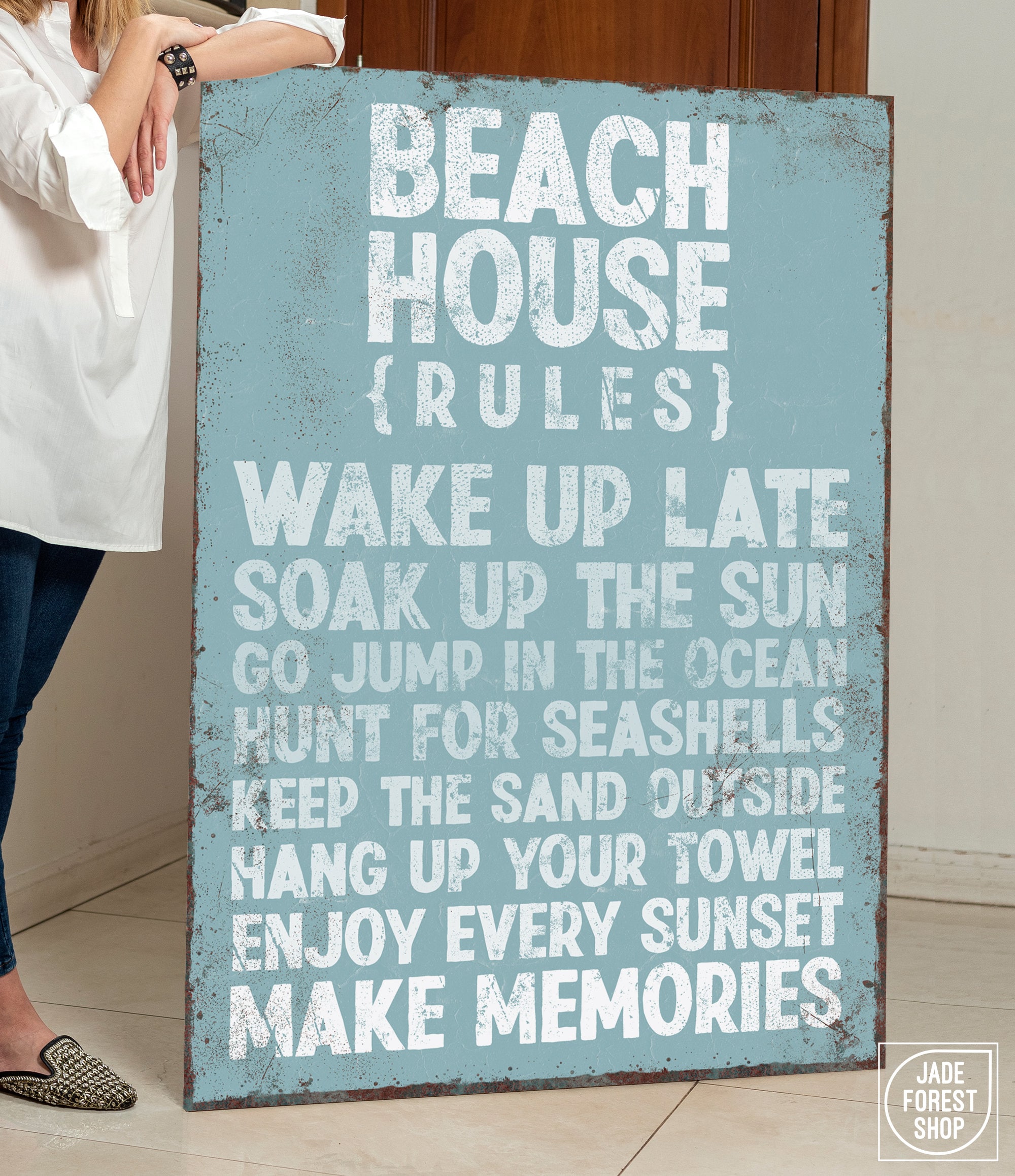 BEACH HOUSE RULES Sign in Tide Blue, Extra Large Canvas Art Print ...