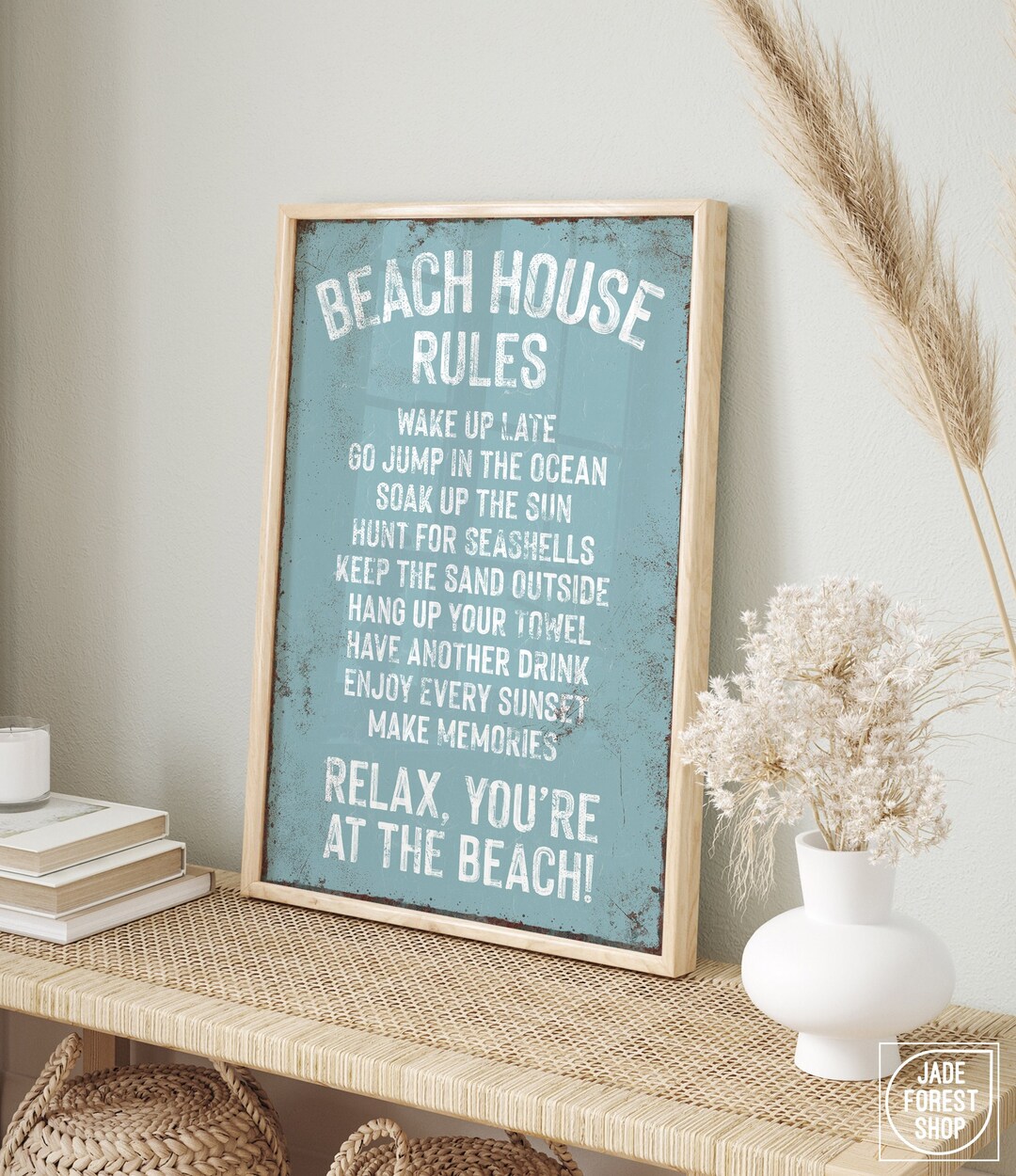 Vintage BEACH HOUSE RULES Sign, Tide Blue Sign Art Print, Retro Beach ...