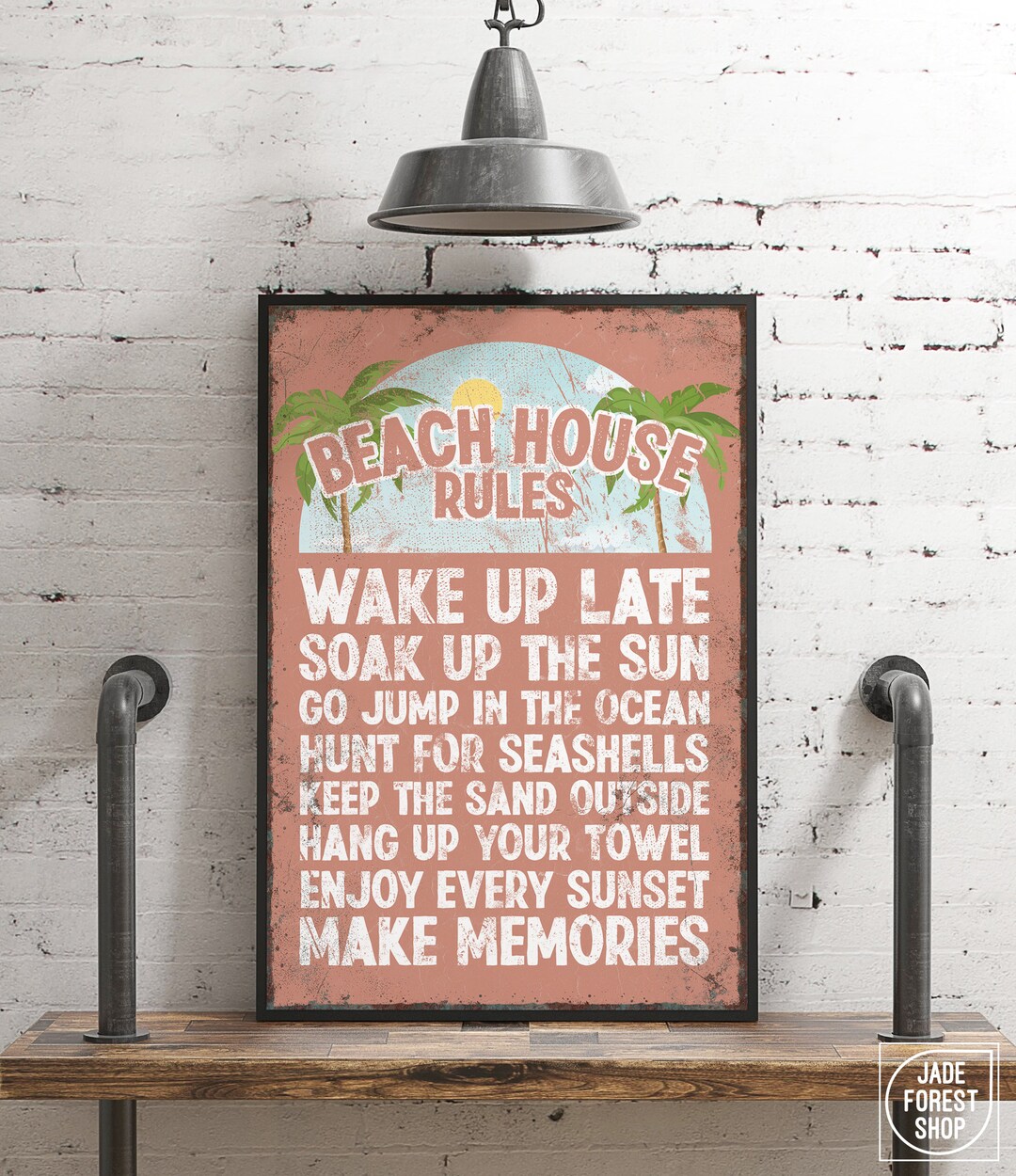 BEACH HOUSE RULES Sign With Palm Trees, Coral Pink Beach Rules Poster ...
