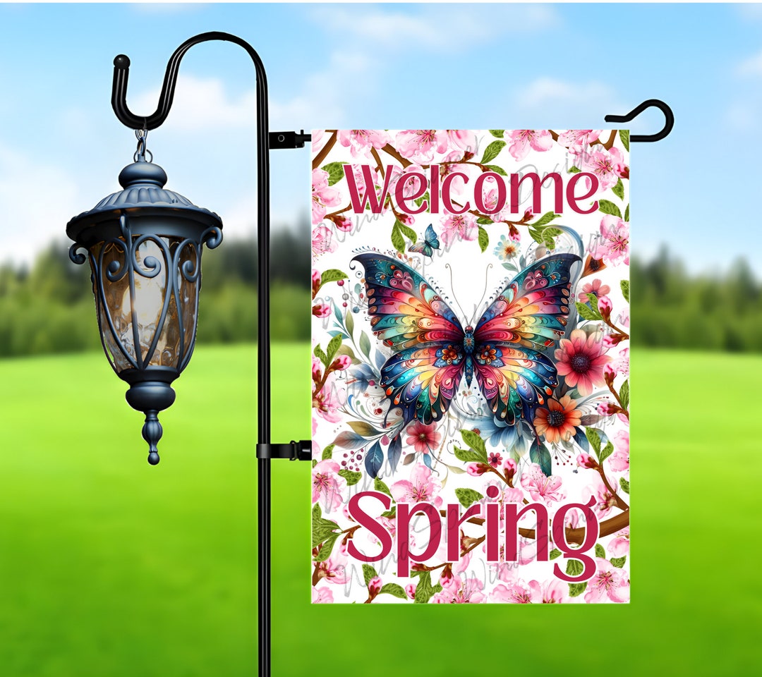 Welcome Spring Garden Flag Sublimation Design, Colorful Butterfly ...