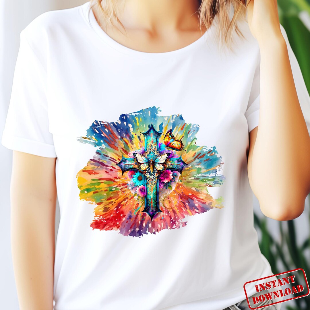 Colorful Butterfly Cross PNG Sublimation Design, Cross Shirt Design ...