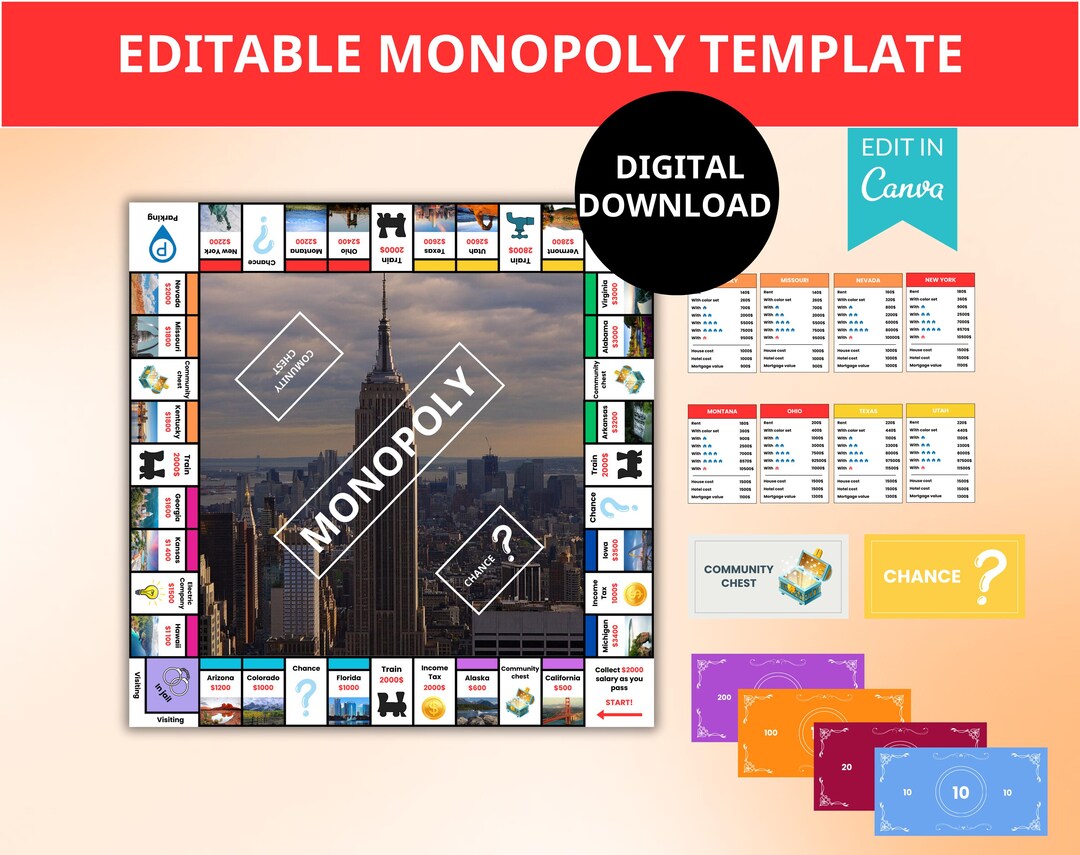 Custom Printable Monopoly Template Personalized Game Board DIY Canva ...