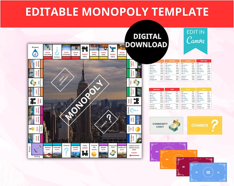 Custom Printable Monopoly Template Personalized Game Board DIY Canva ...