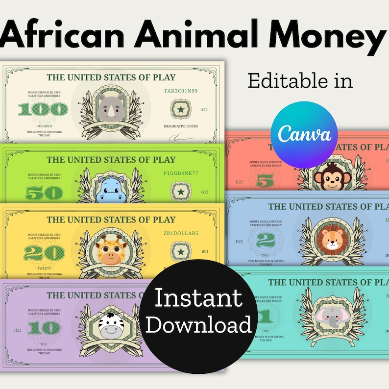 African Animal Play Money Template | Play Money Printable for Kids ...
