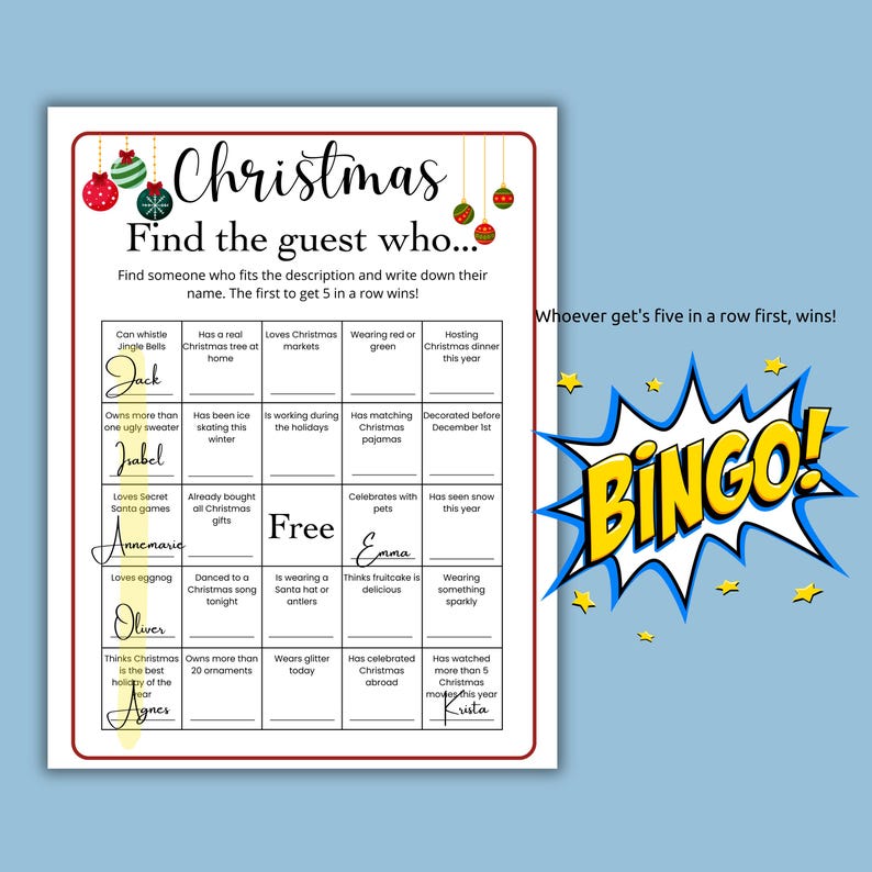 Christmas Find the Guest Who, Christmas Games, 200 Unique Bingo Cards ...