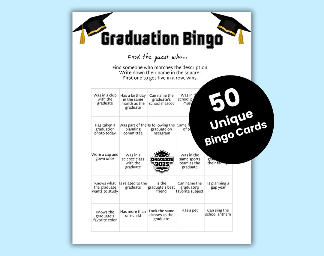 2025 Graduation Bingo Game: 50 Unique Cards (PDF) - Etsy UK