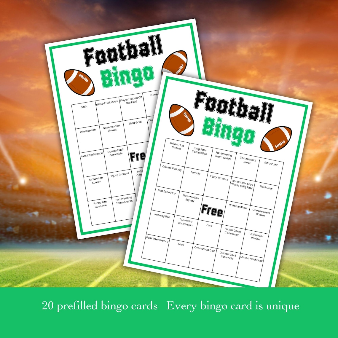 Football Bingo Printable Game | 30 Unique Cards | Fun Super Bowl Party ...