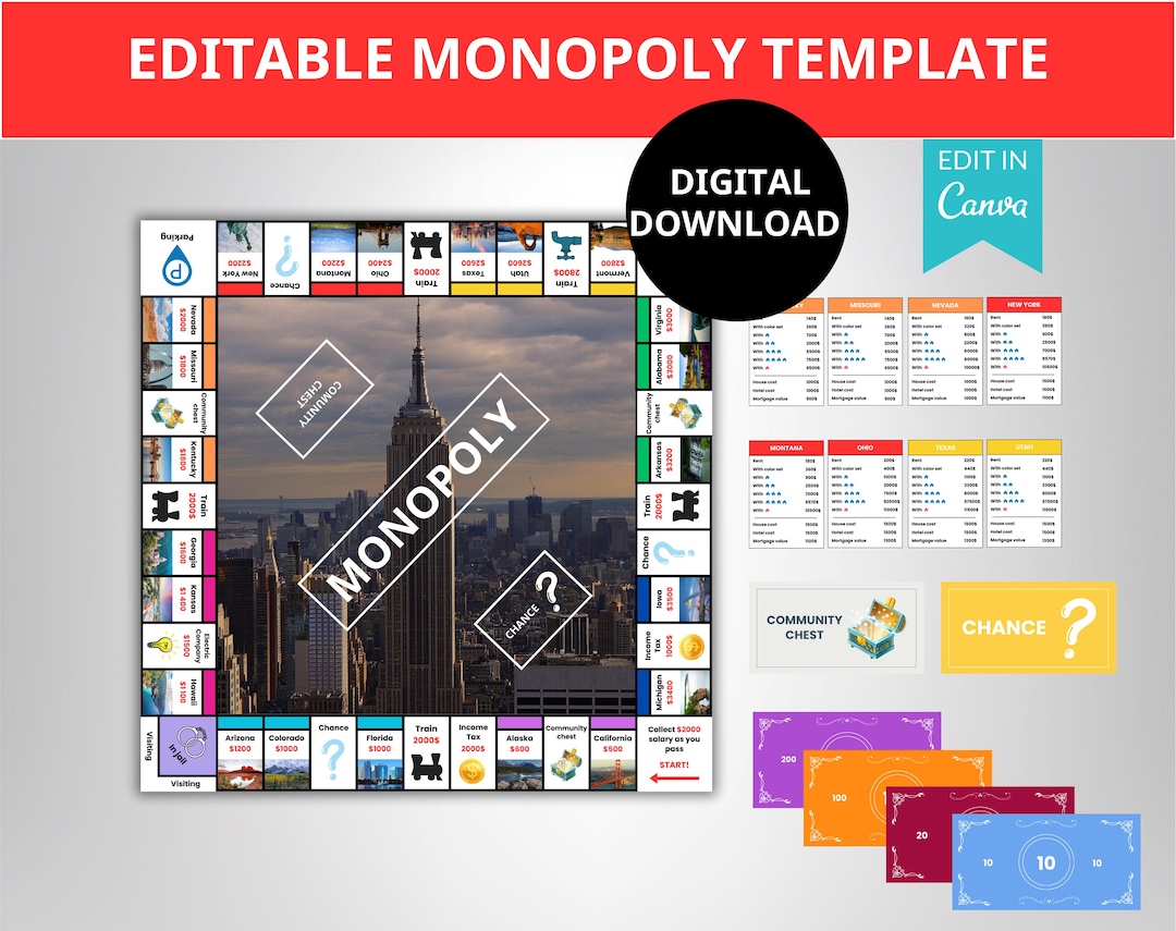 Custom Monopoly Game Board Template: DIY Printable, Editable Design ...