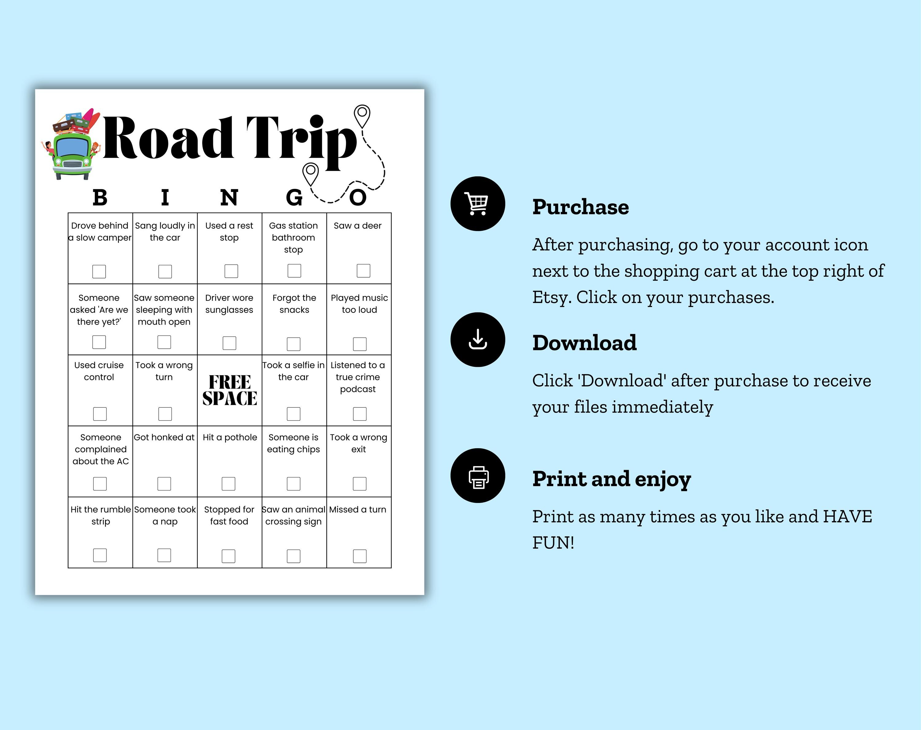 Road Trip Bingo, Car Bingo, Family Bingo, Adult Road Trip Game ...
