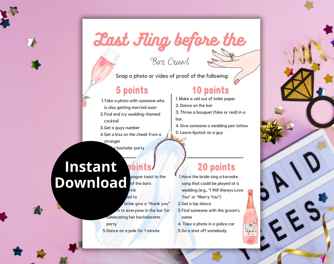 Bachelorette Bar Crawl, Bar Crawl Bingo, Bar Scavenger Hunt, Girls ...