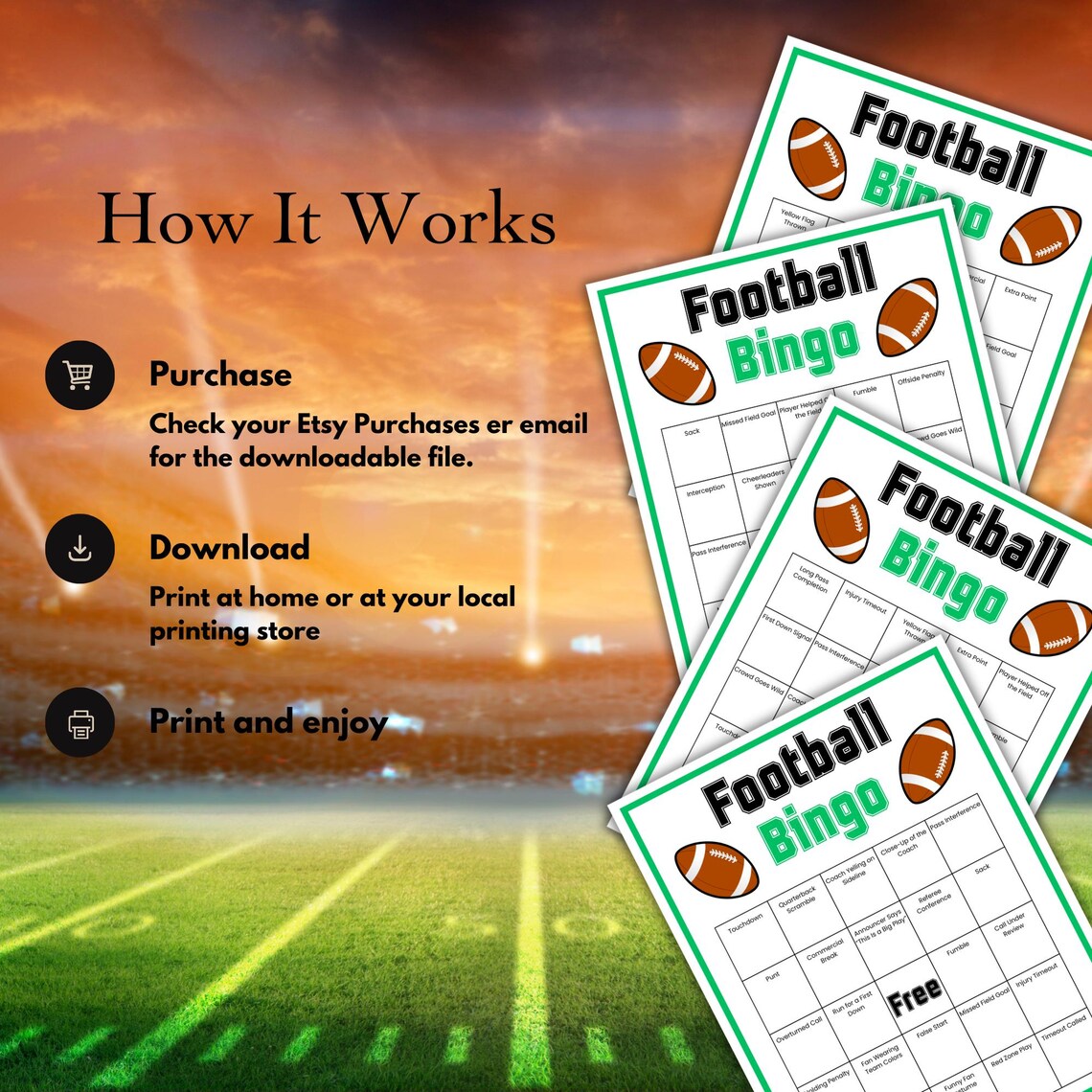 Football Bingo Printable Game | 30 Unique Cards | Fun Super Bowl Party ...