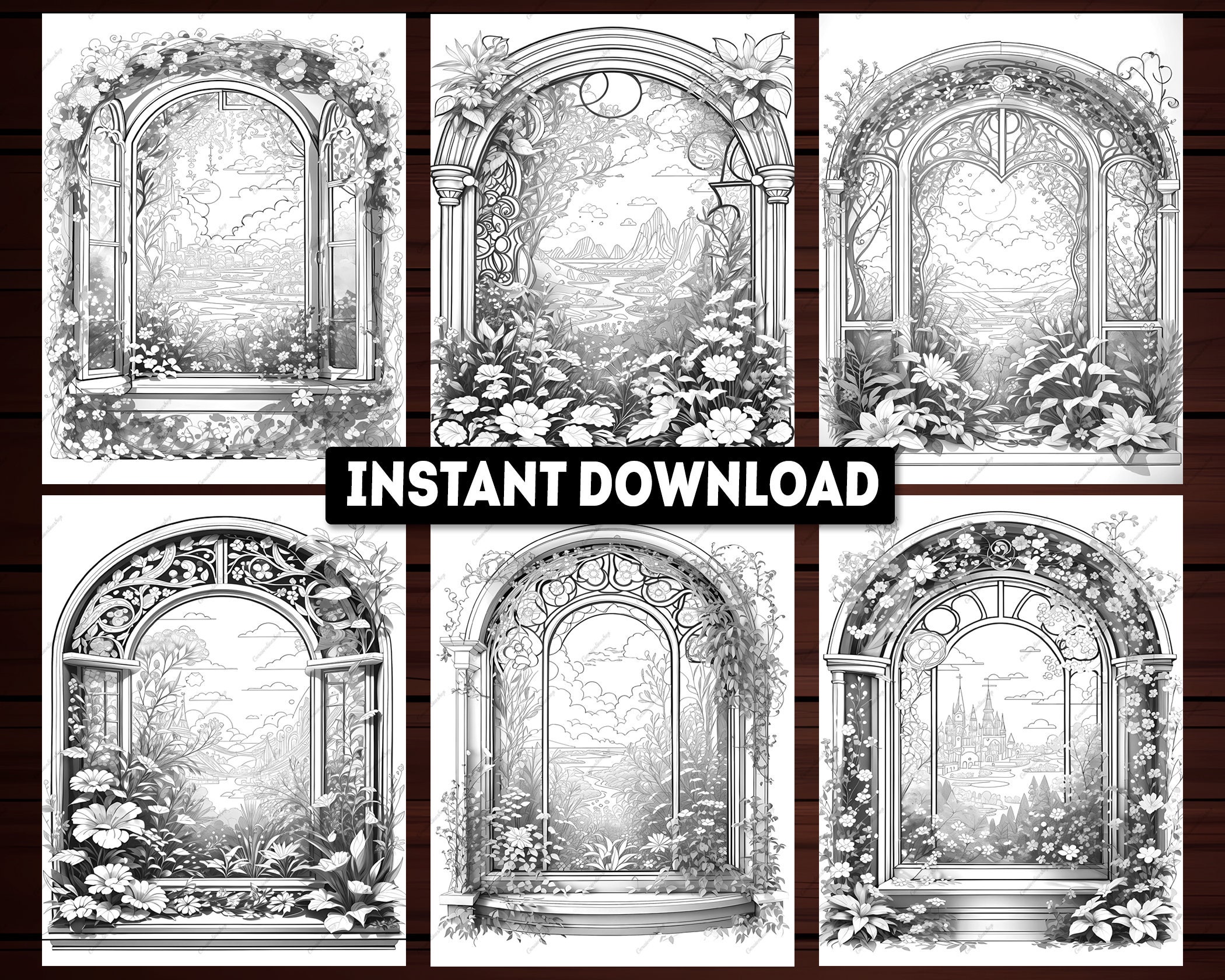 Magical Floral Window Coloring Pages, Fantasy Window Coloring Book ...