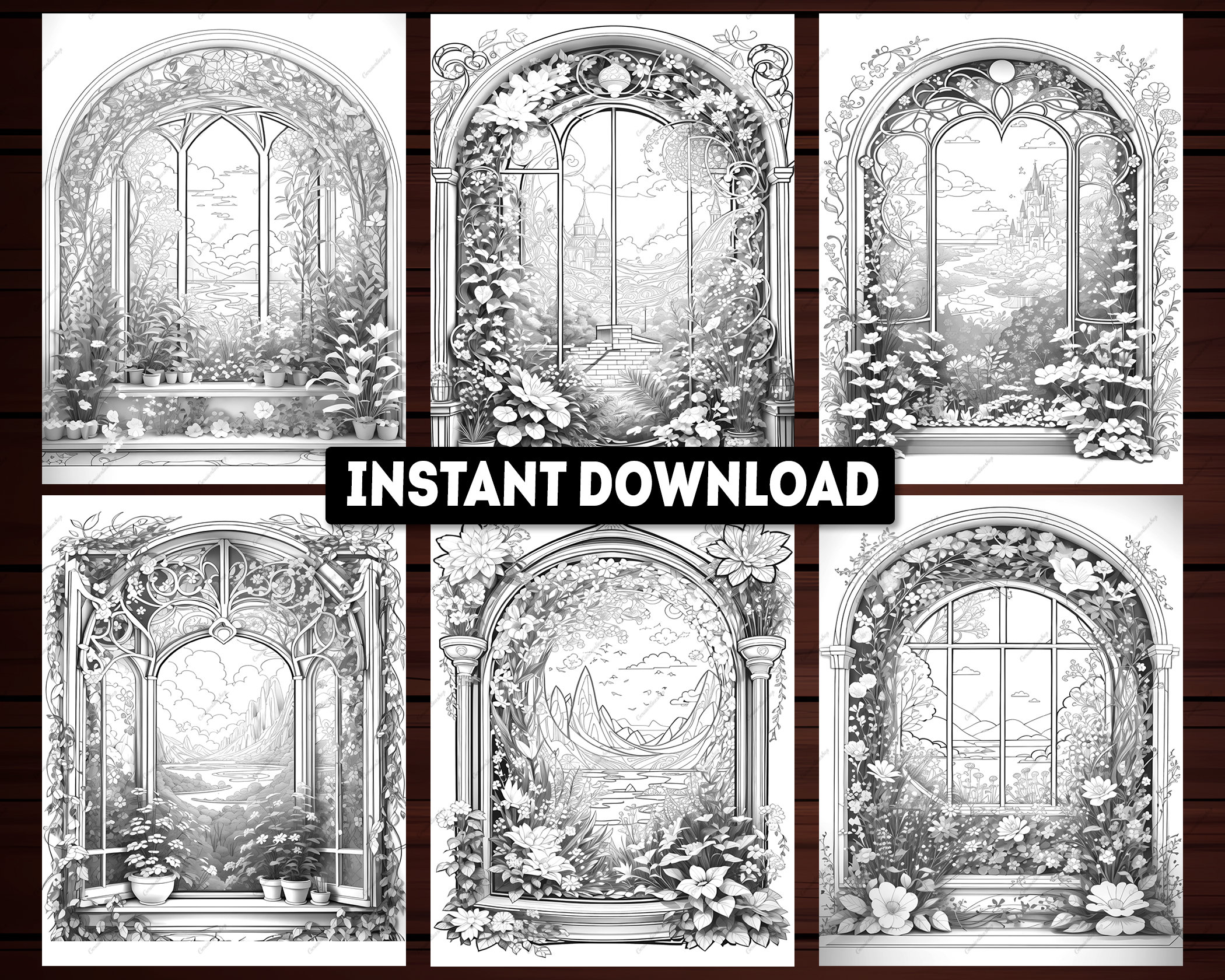 Magical Floral Window Coloring Pages, Fantasy Window Coloring Book ...