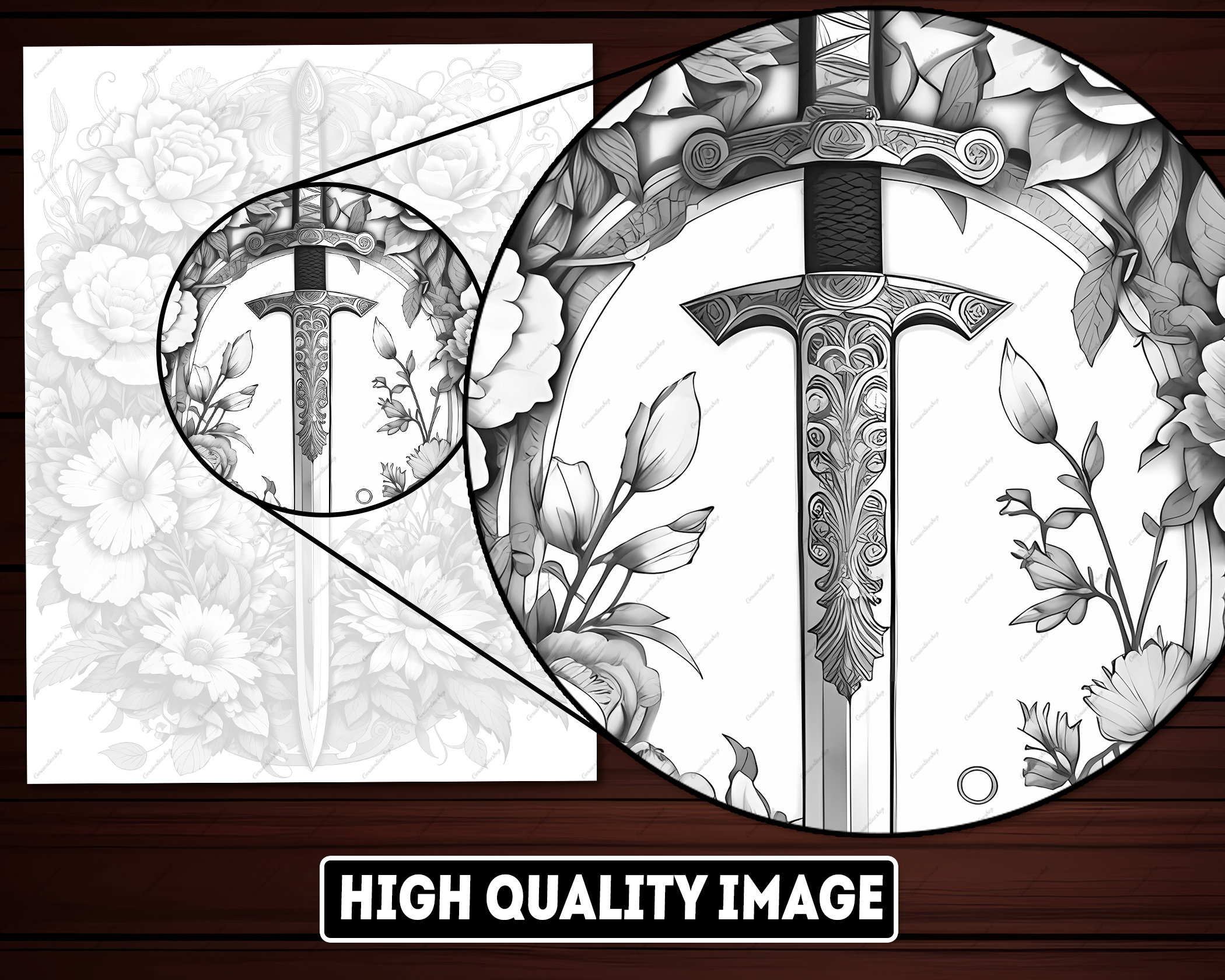 31 Sword and Flower Coloring Pages, Floral Sword Coloring Book, Adults ...