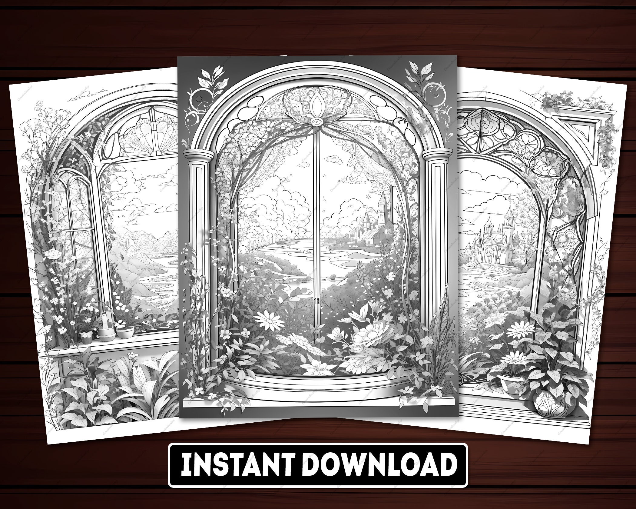 Magical Floral Window Coloring Pages, Fantasy Window Coloring Book ...