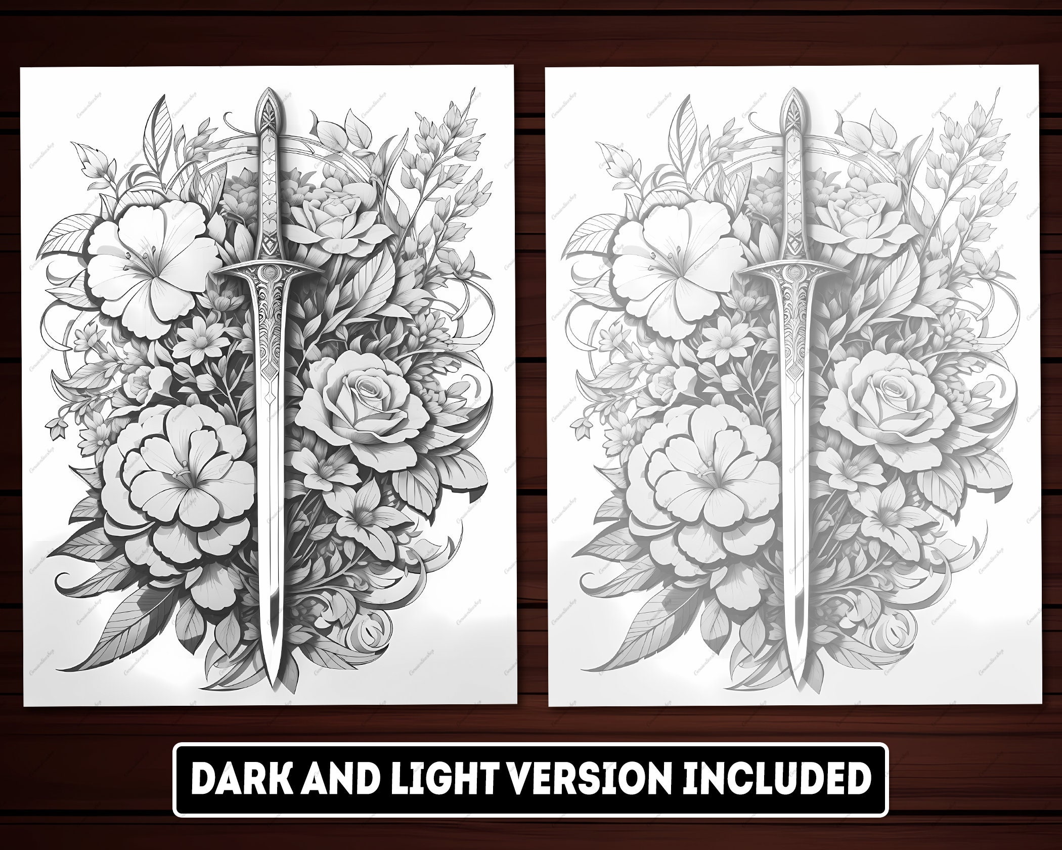 31 Sword and Flower Coloring Pages, Floral Sword Coloring Book, Adults ...
