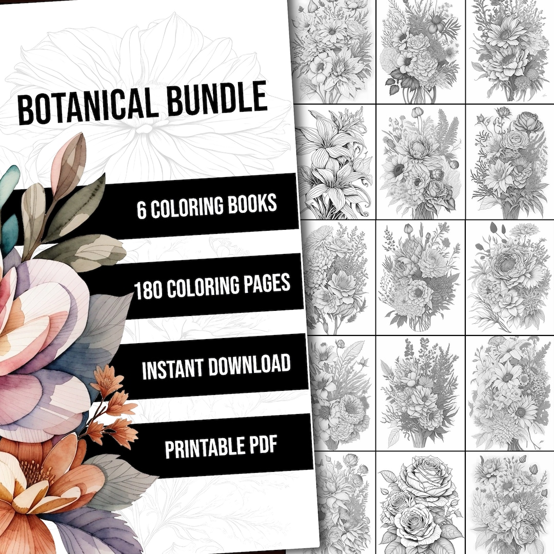 180 Botanical Coloring Pages Bundle, Botanical Coloring Book, Instant ...
