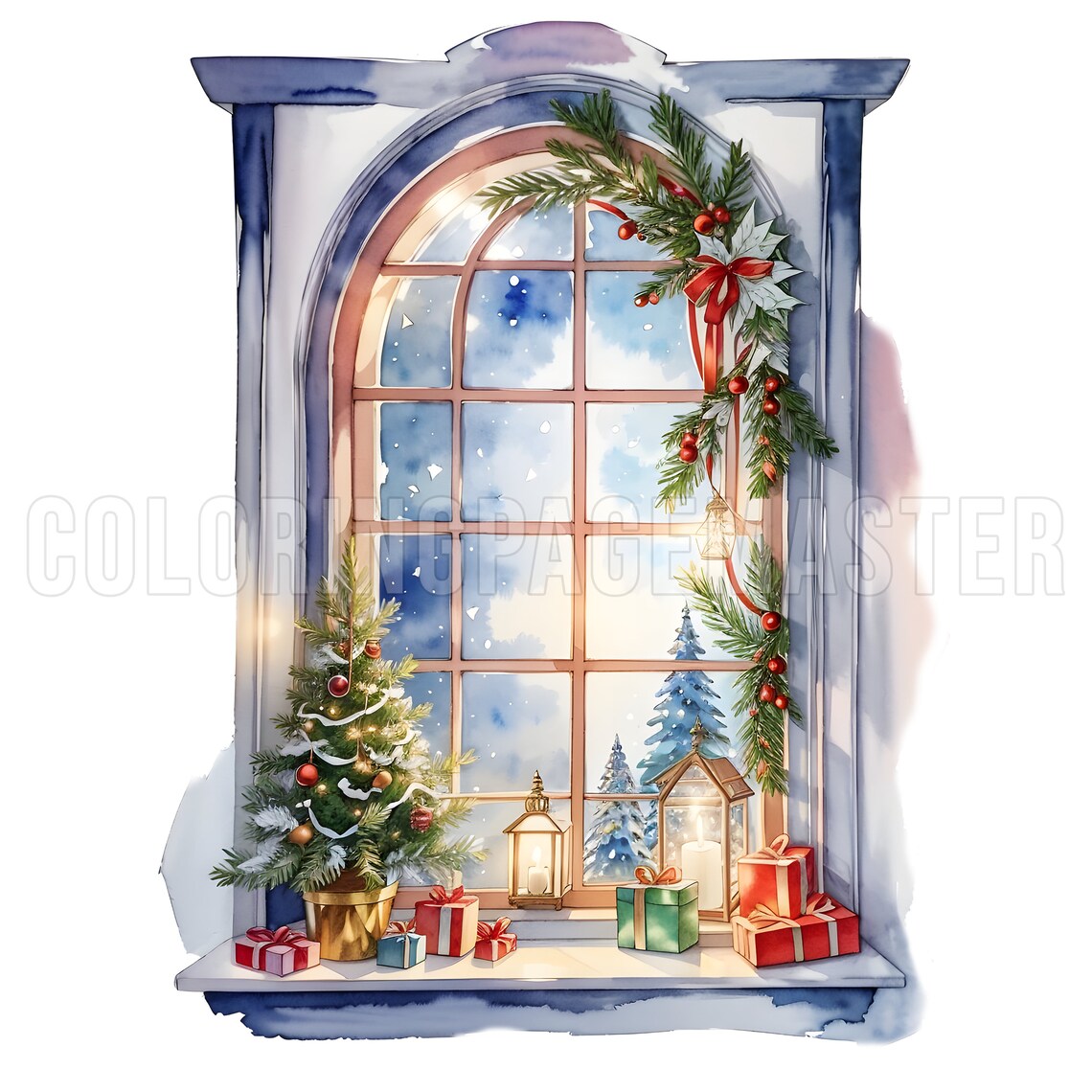 Watercolor Christmas Window Clipart, Painted Window Clipart, Christmas ...