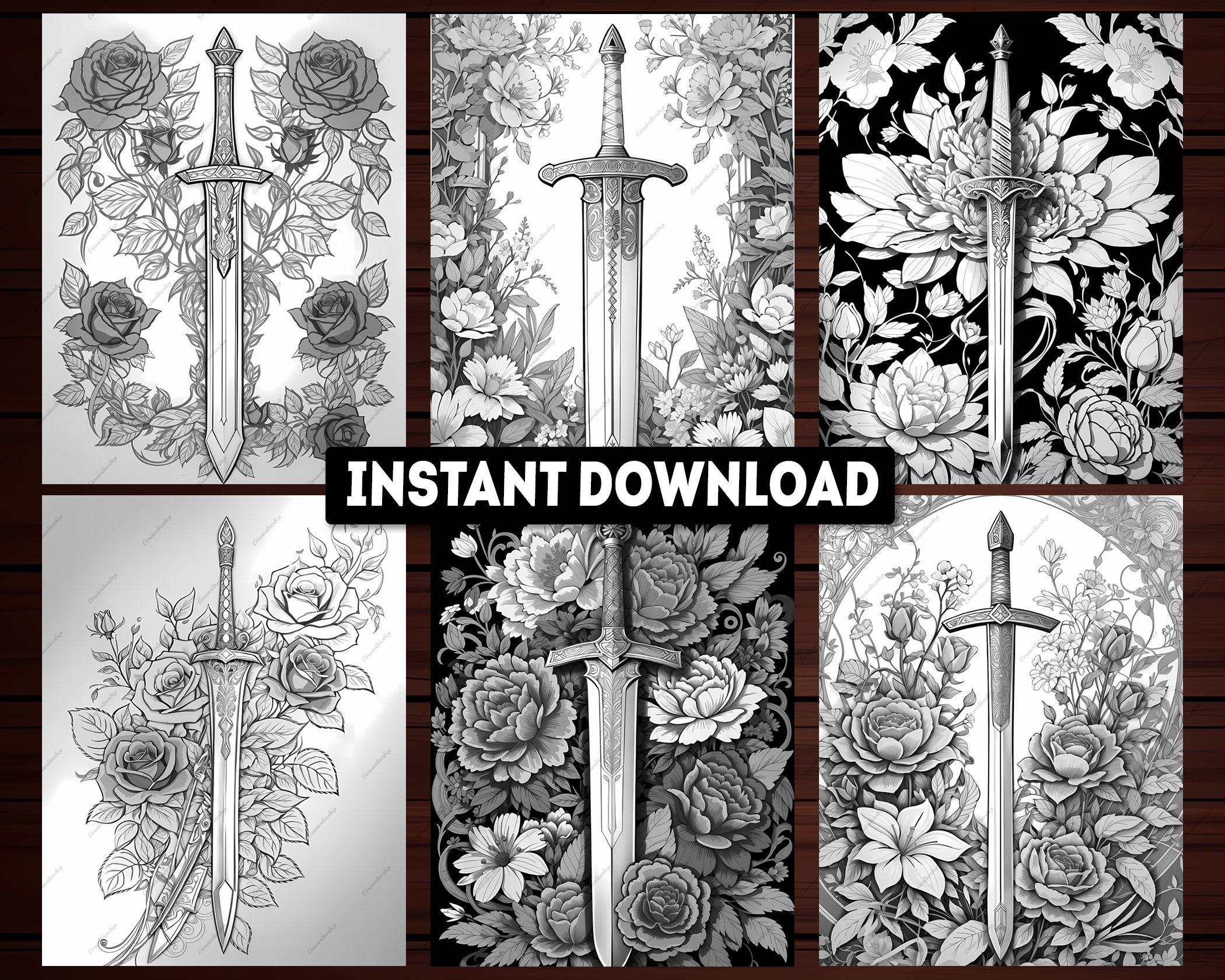 31 Sword and Flower Coloring Pages, Floral Sword Coloring Book, Adults ...