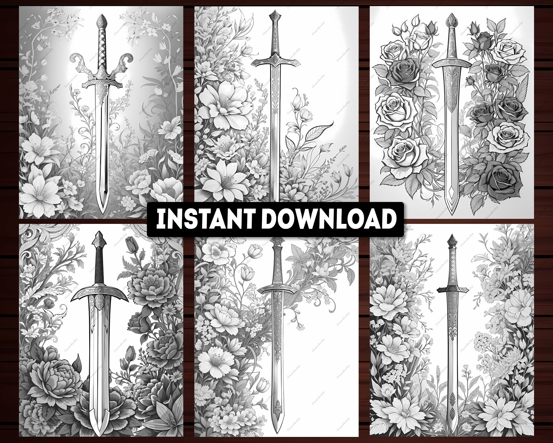 31 Sword and Flower Coloring Pages, Floral Sword Coloring Book, Adults ...