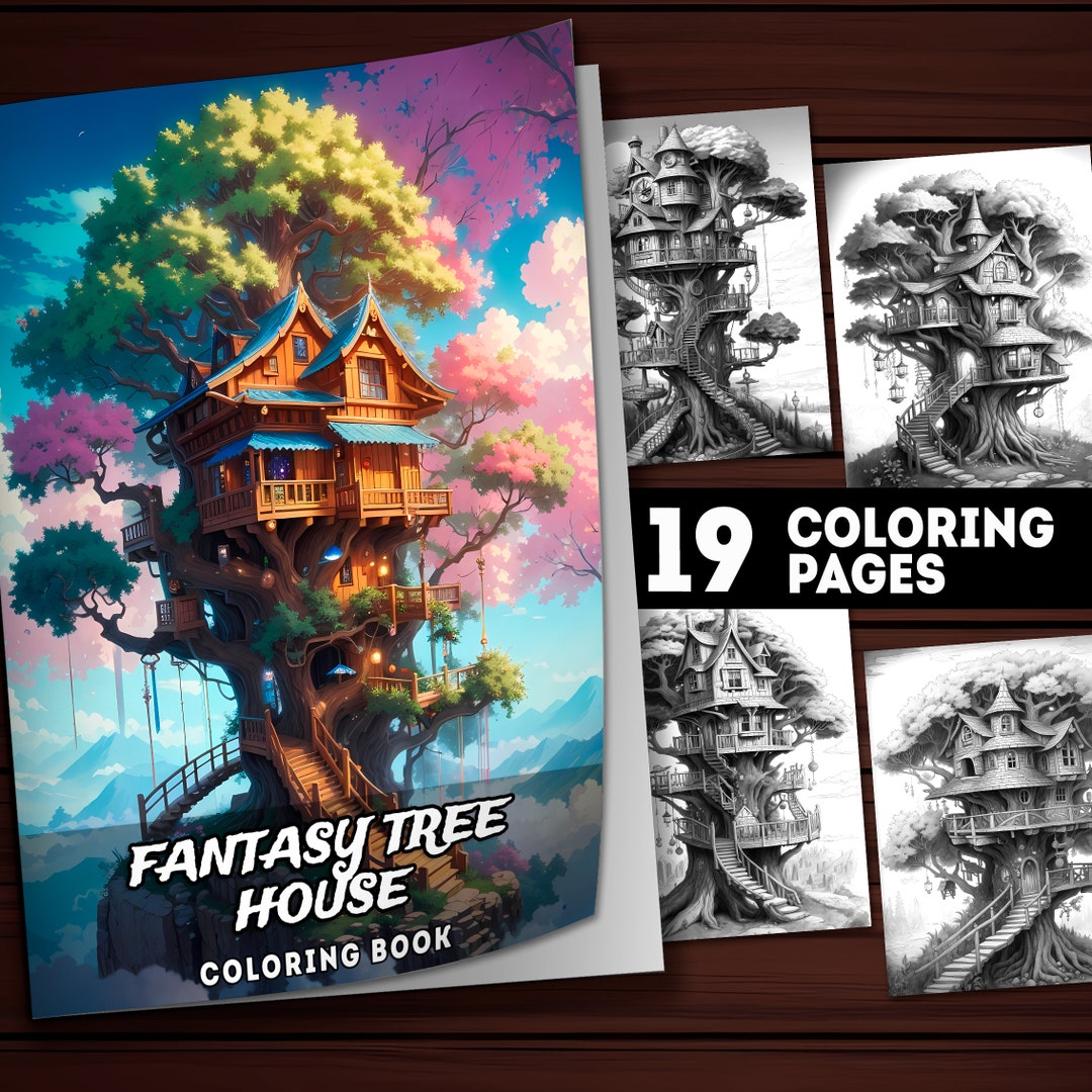 Tree House Coloring Pages, Tree House Coloring Book, Adults + Kids ...