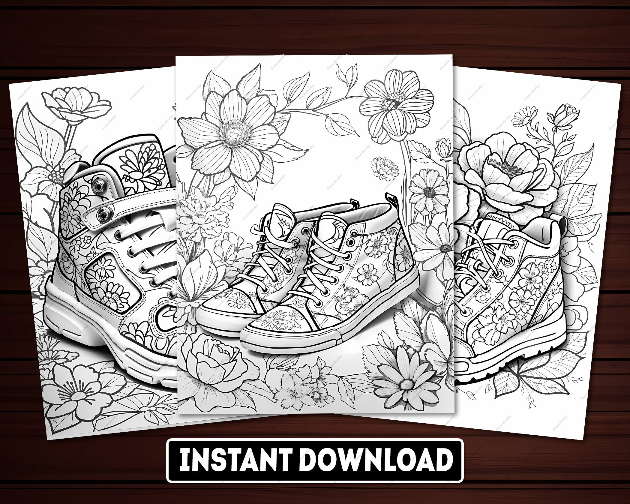 21 Floral Shoes Coloring Pages, Sneakers Coloring Book, Adults Kids ...