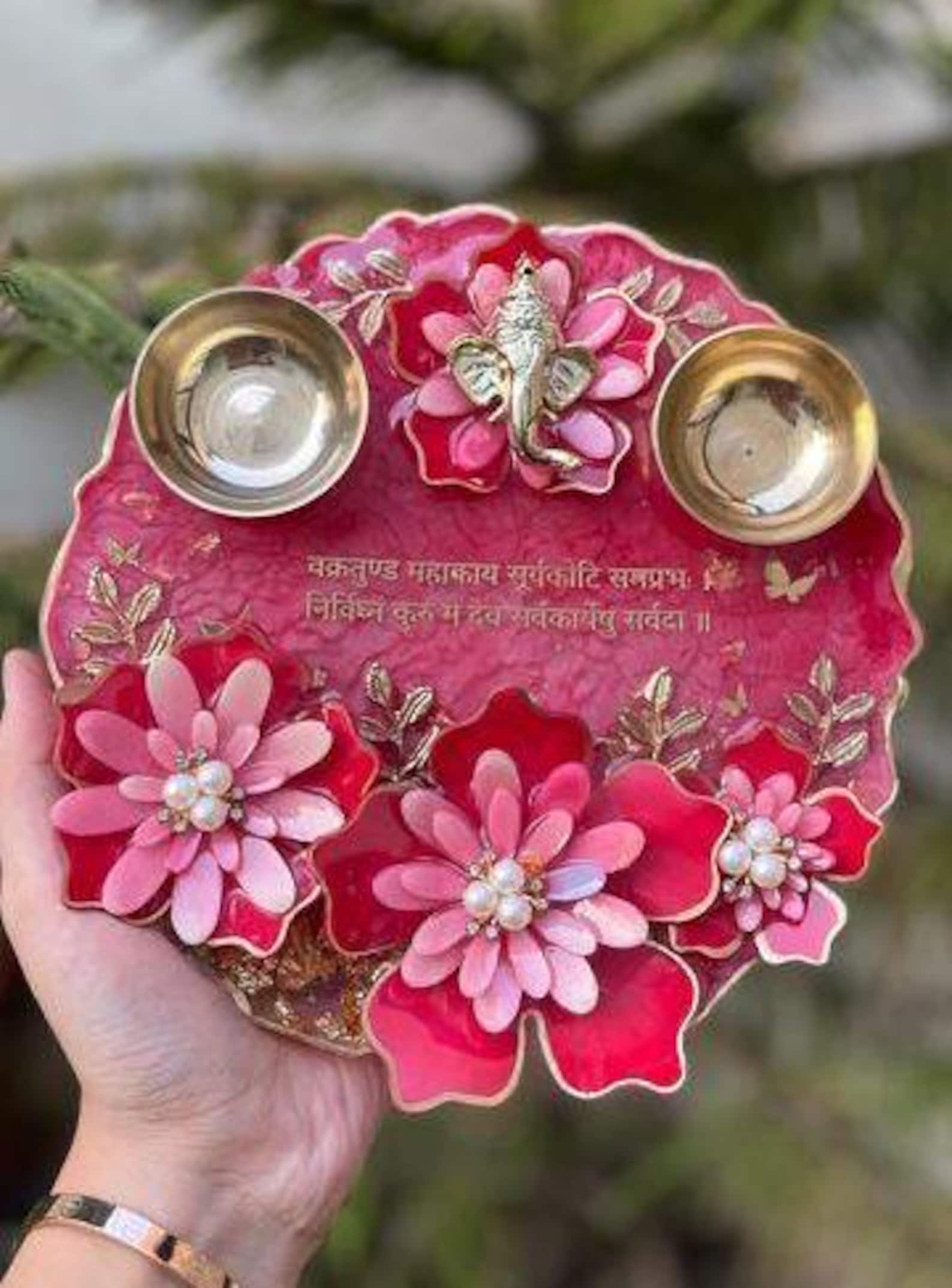 Pink Epoxy Resin Pooja Thali, Indian Handmade Decorative Pooja Thali ...