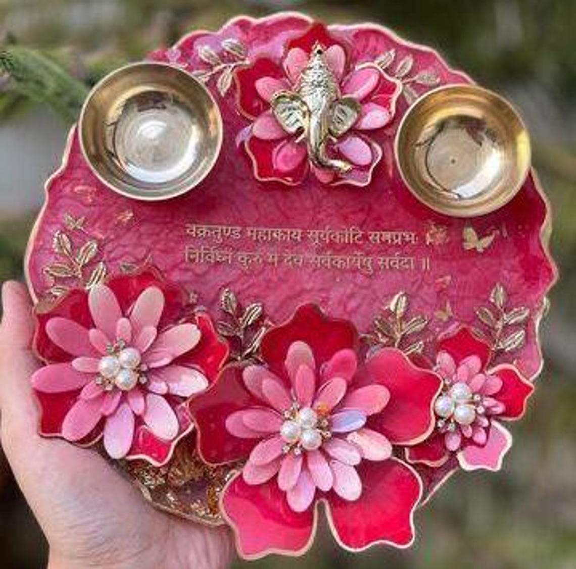 Pink Epoxy Resin Pooja Thali, Indian Handmade Decorative Pooja Thali ...