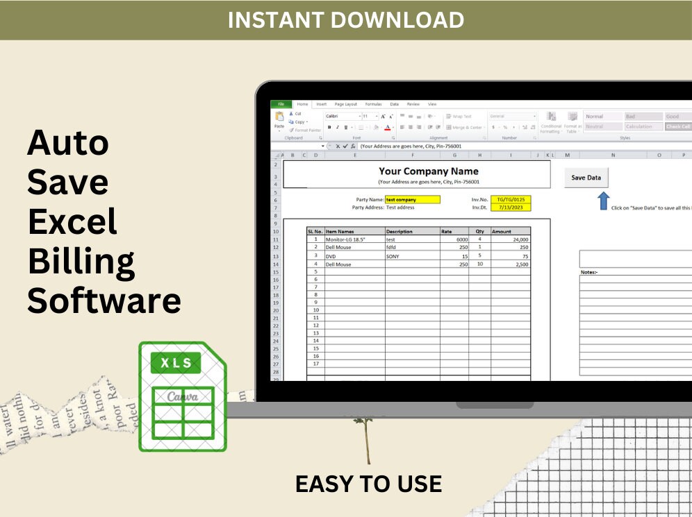 Auto Save Excel Billing Software - Etsy