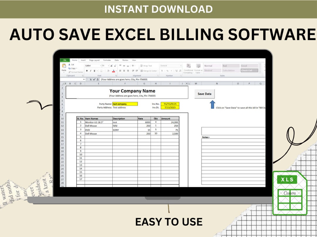 Auto Save Excel Billing Software - Etsy