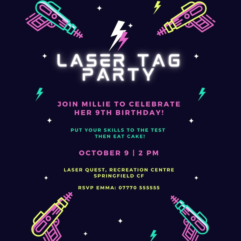 Laser Tag Party Invitation for Girls, Modern, Pink and Black Birthday ...
