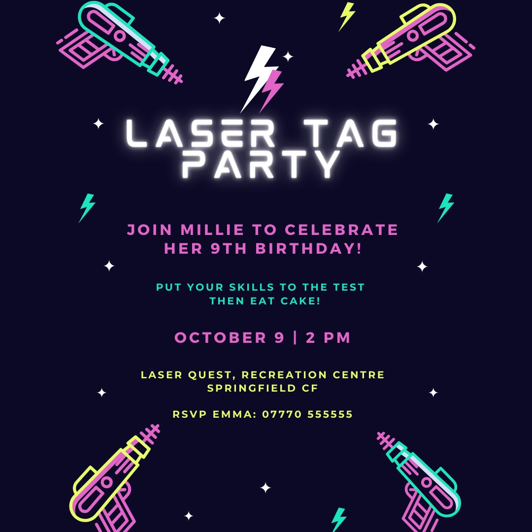 Laser Tag Party Invitation for Girls, Modern, Pink and Black Birthday ...