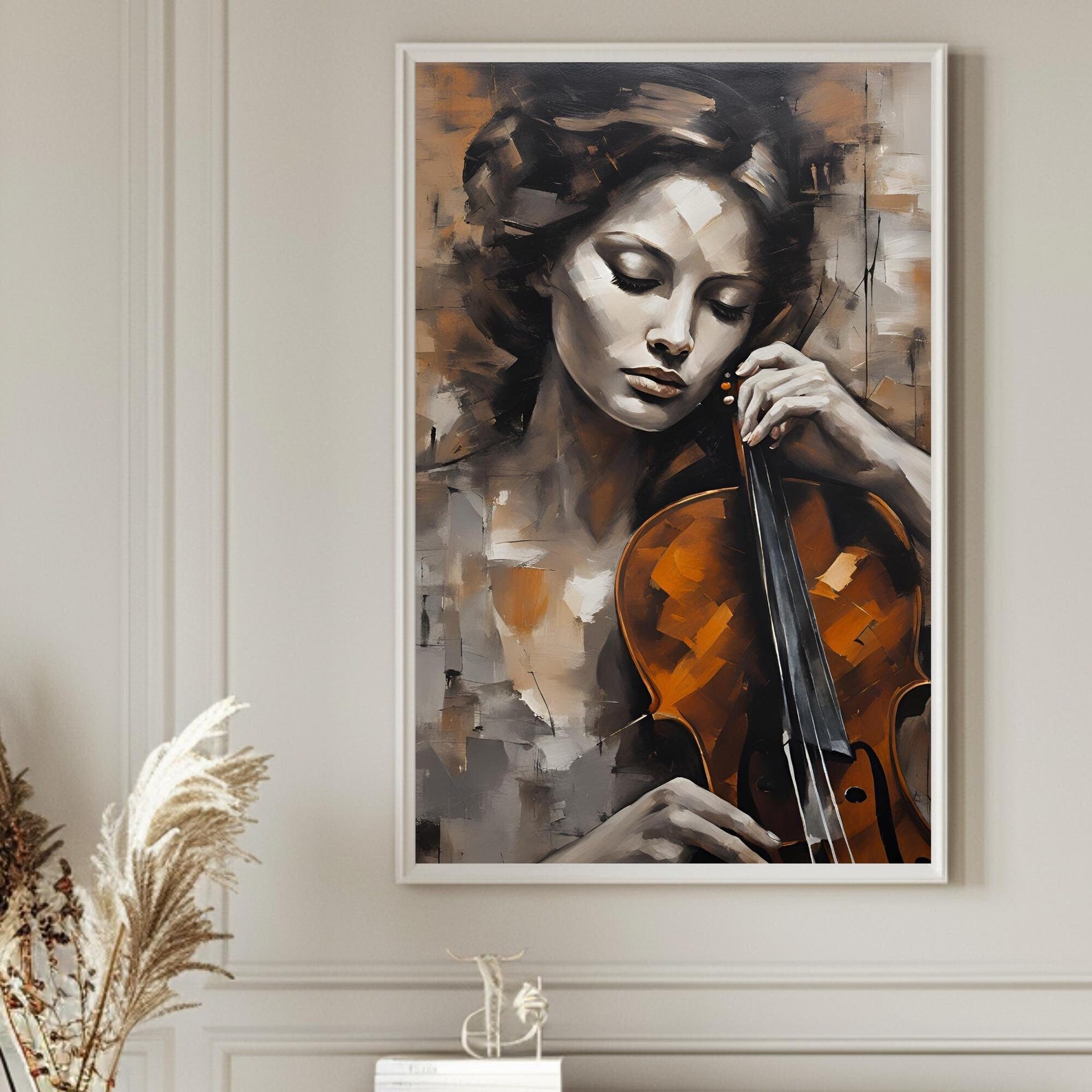Oil Painting Woman Playing Cello Brown White Tone Wall Décor Printable ...