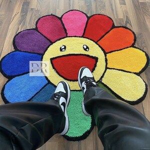 Smile Sunflower Round Shaped Rug, Hand Tufted Custom Rug, Woolen Rug ...