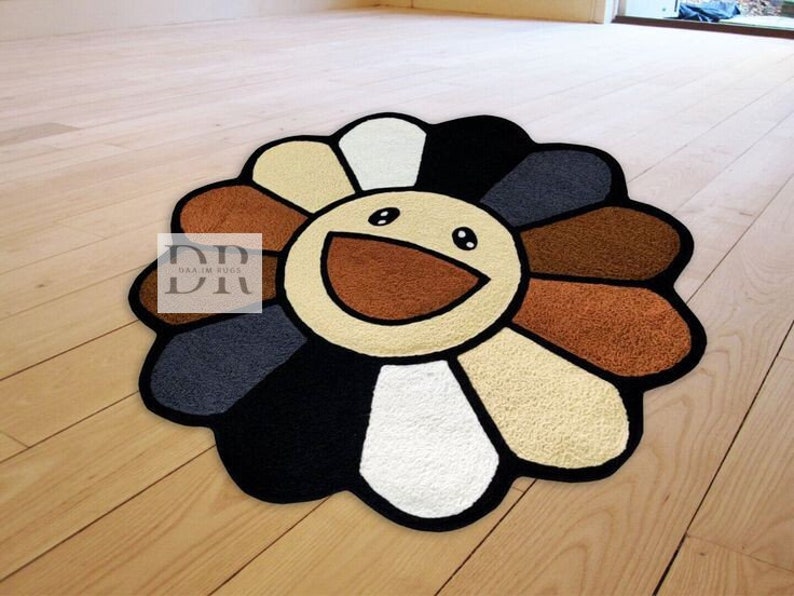 Smile Sunflower Round Shaped Rug, Hand Tufted Custom Rug, Woolen Rug ...