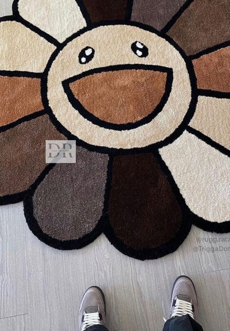 Smile Sunflower Round Shaped Rug, Hand Tufted Custom Rug, Woolen Rug ...