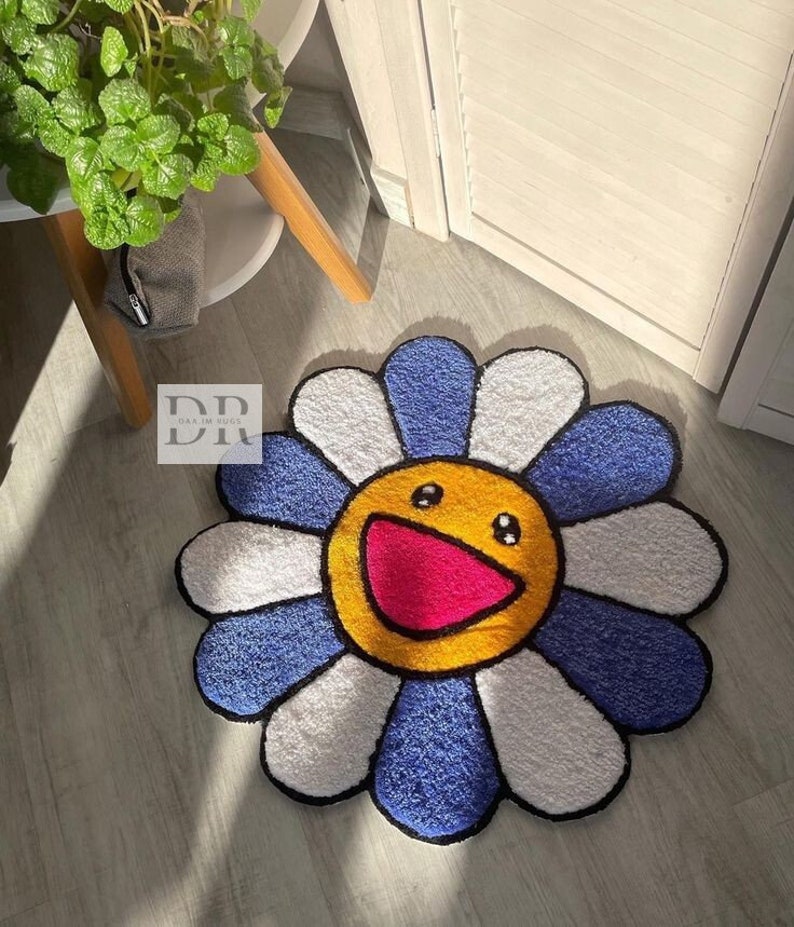Smile Sunflower Round Shaped Rug, Hand Tufted Custom Rug, Woolen Rug ...