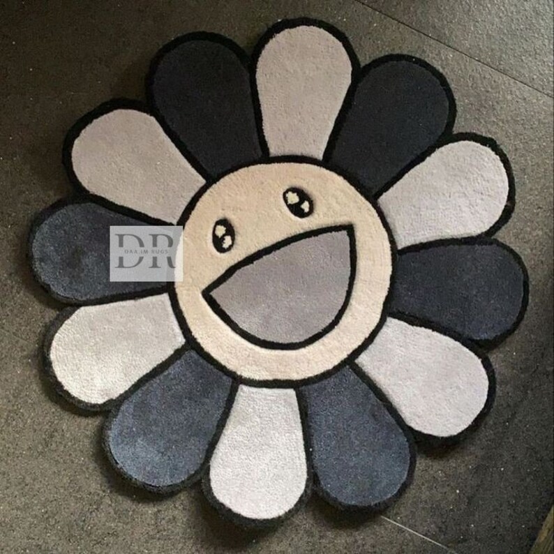 Smile Sunflower Round Shaped Rug, Hand Tufted Custom Rug, Woolen Rug ...