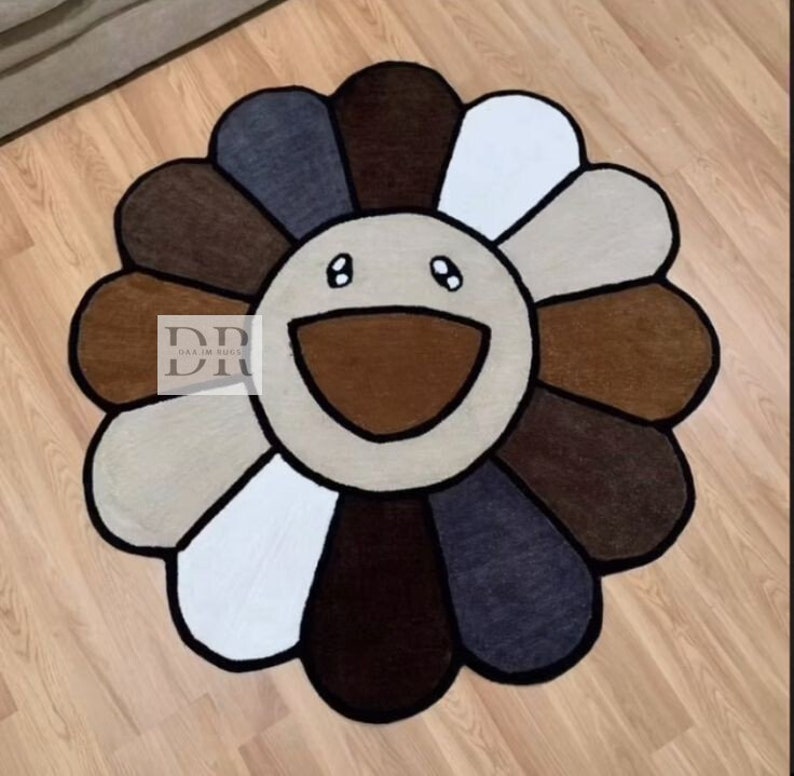 Smile Sunflower Round Shaped Rug, Hand Tufted Custom Rug, Woolen Rug ...