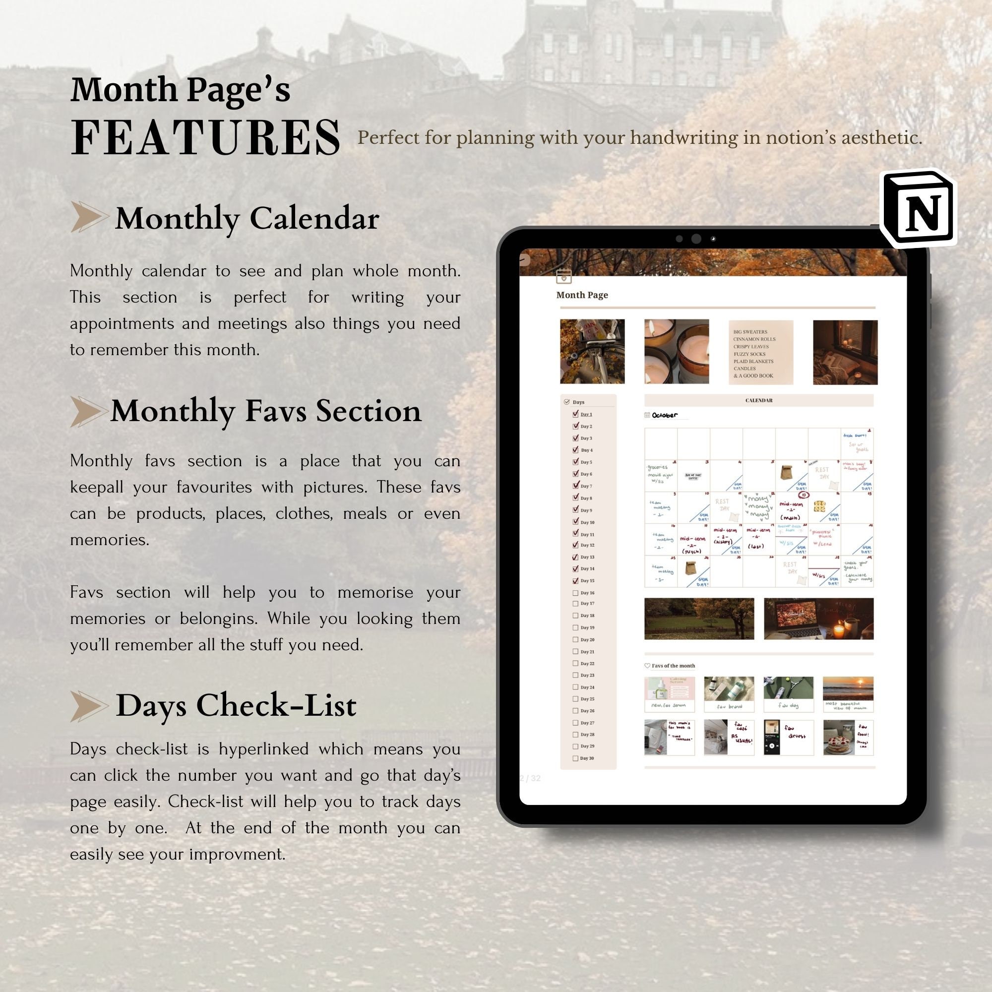 Notion Themed One Month Planner Fall & Autumn Edition | Aesthetic ...