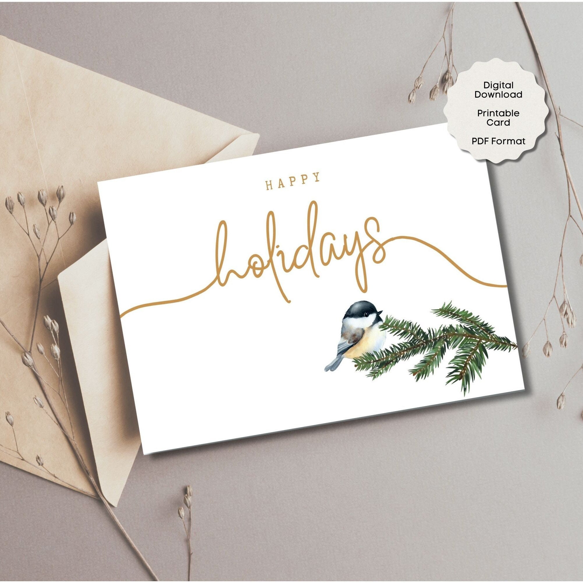 Cute Chickadee Printable Happy Holidays Card, Bird Xmas Greeting, Bird ...