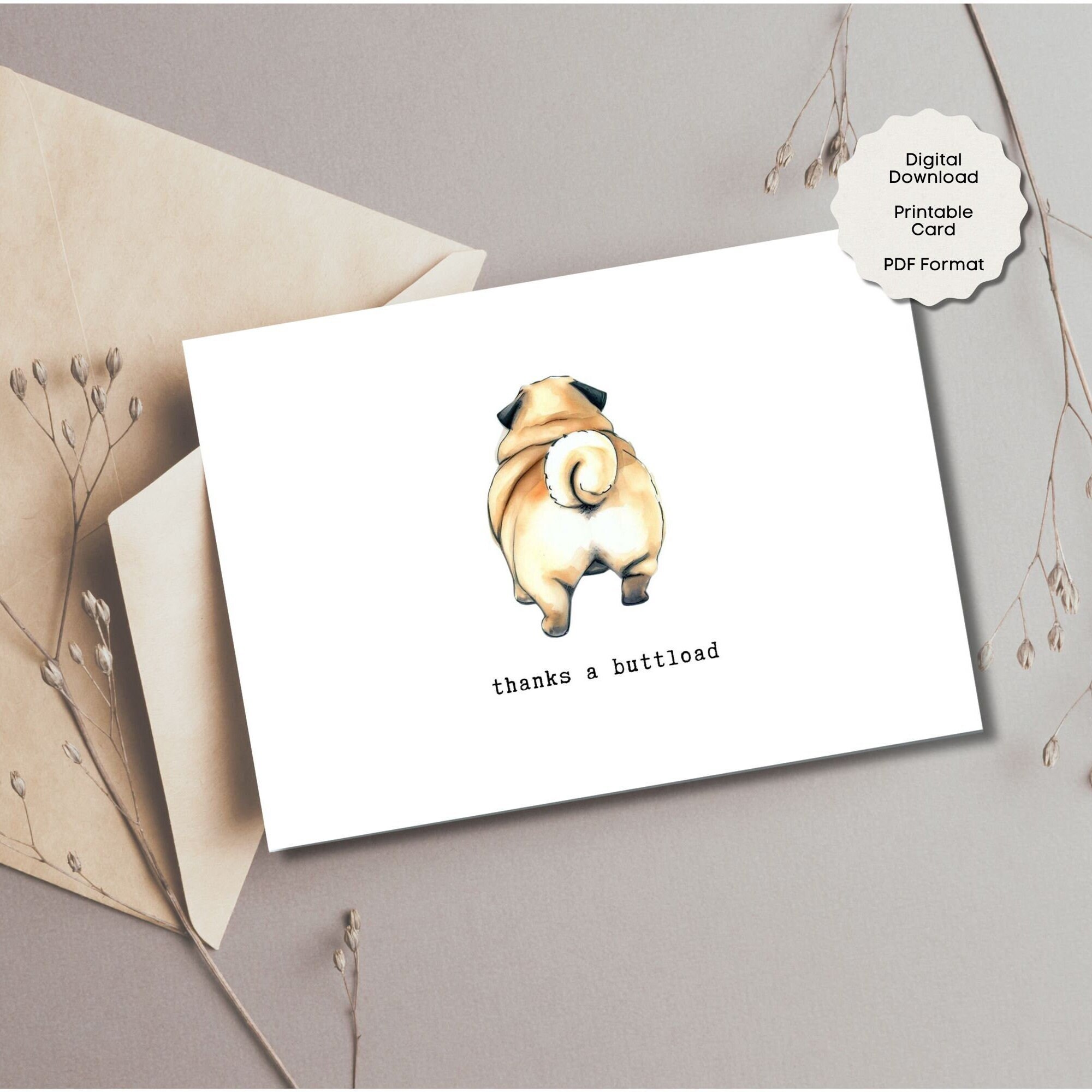 Cute Pug Printable Thank You Card, Dog Lover Gratitude Greeting Blank ...